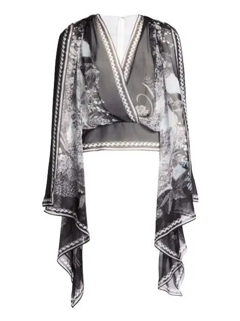 Elie Saab Printed Chiffon Blouse With Cape Sleeves - Black-white-blue