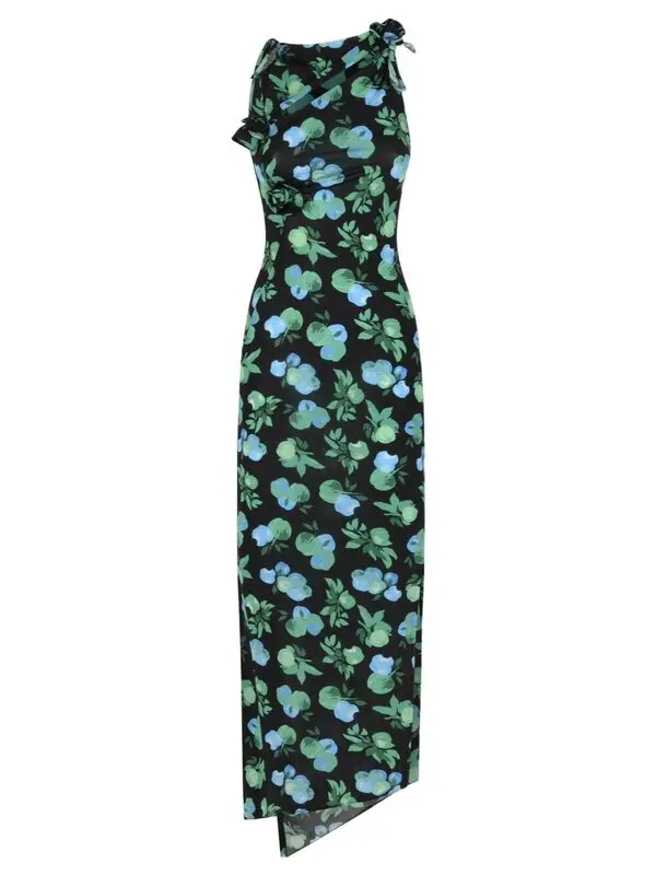 Coperni Ruched Asymmetrical Floral Maxi Dress - Green