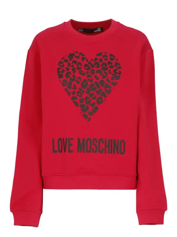Moschino Round Neck Long Sleeve Pullover Sweater With Leopard Print Heart - Red