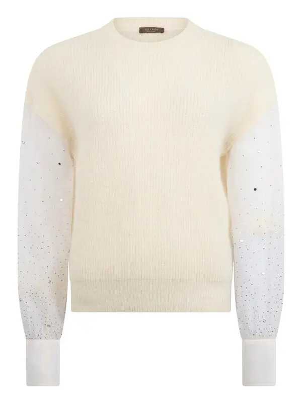 Peserico Sheer Sleeved Crewneck Knitted Jumper With Crystal Embellishments - White