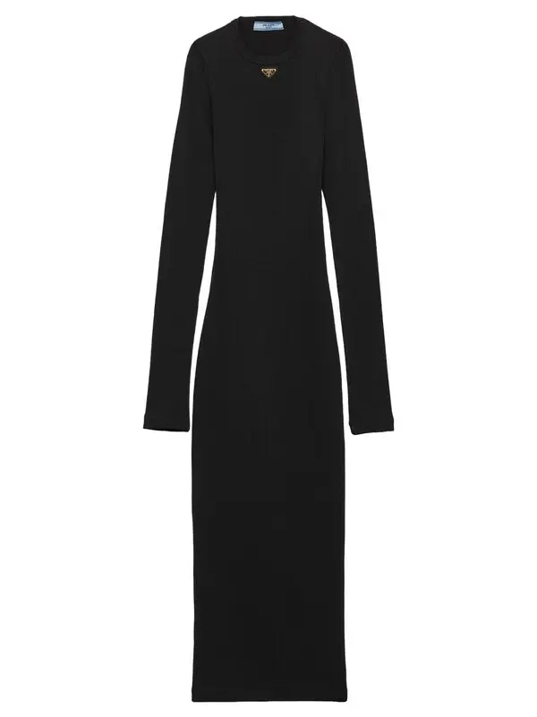 Prada Long-sleeved Ribbed Midi Dress - Black
