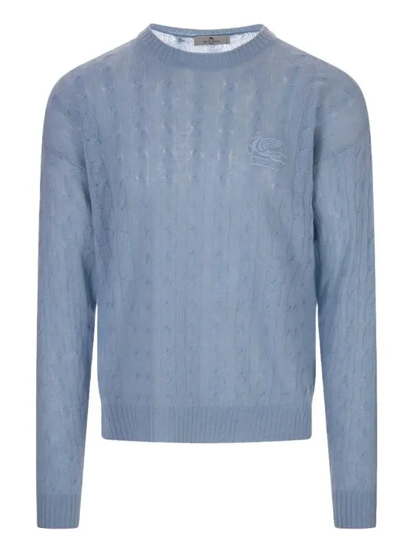 Etro Logo Embroidered Cable-knit Crewneck Jumper - Blue