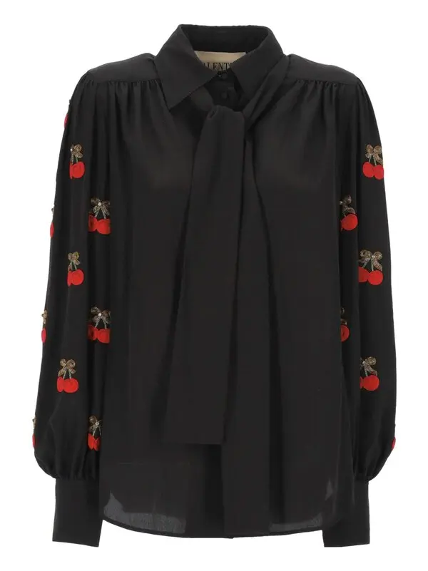 Valentino Garavani Cherry Embellished Button-up Blouse With Lace-up Detail - Black