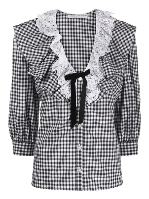 Alessandra Rich Check Print Ruffle Collar Shirt - Gray