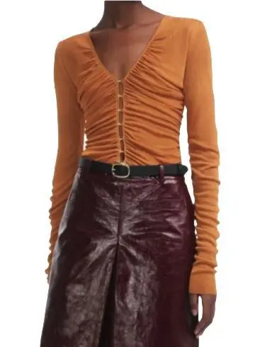 SELF-PORTRAIT V-neck Viscose Knit Top With Pleated Detailing - Burnt Orange