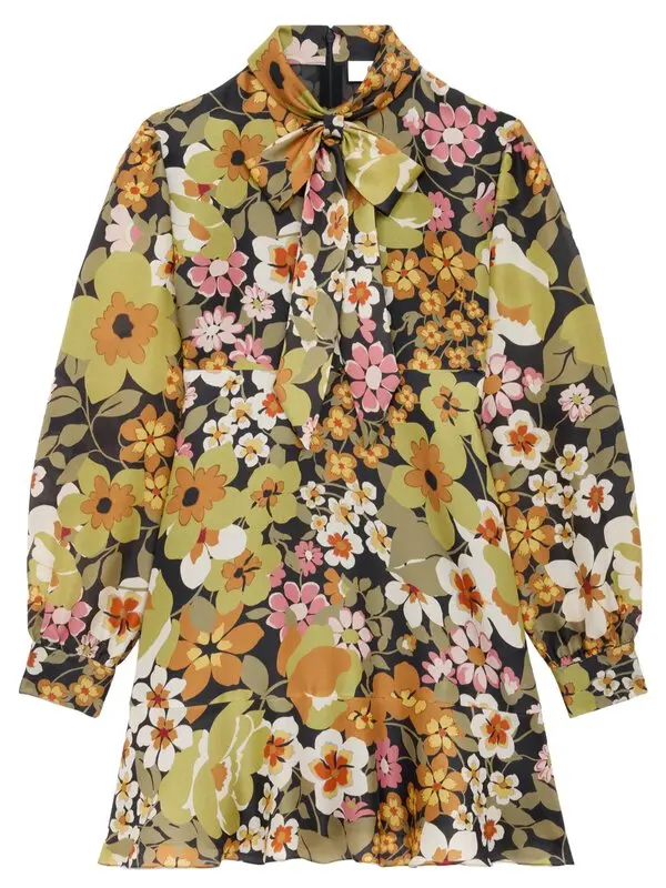 Celine Skater Mini Dress In Silk Organza - Black/khaki/gold Gilt