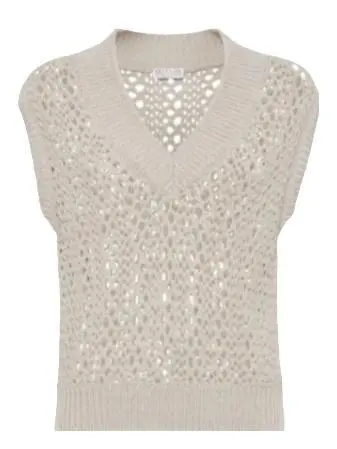 Brunello Cucinelli Sleeveless Open-knit V-neck Top - Light Gray