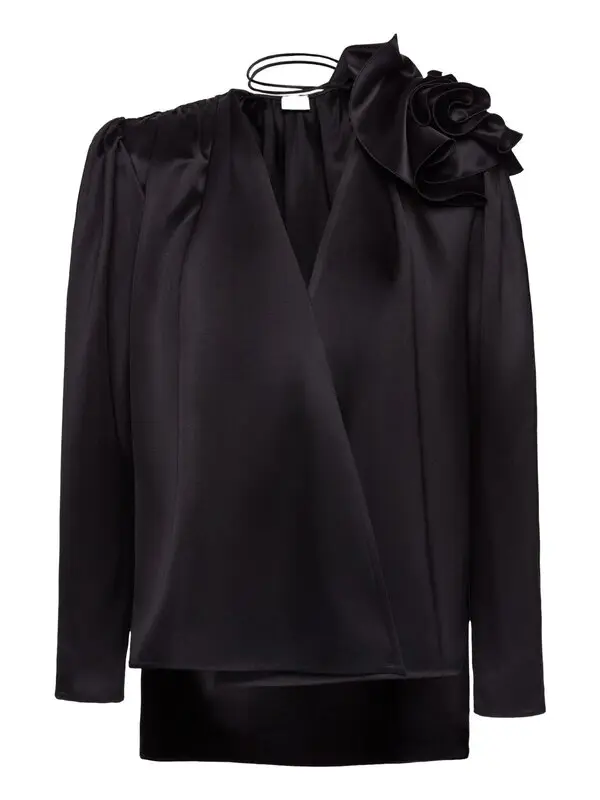 Magda Butrym Long Sleeve Shirred Blouse With Detachable Flower Brooch - Black