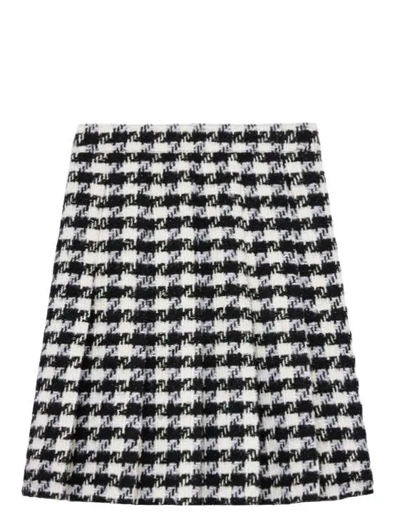 Celine Pleated Houndstooth Wool Skirt - White/ivory/black