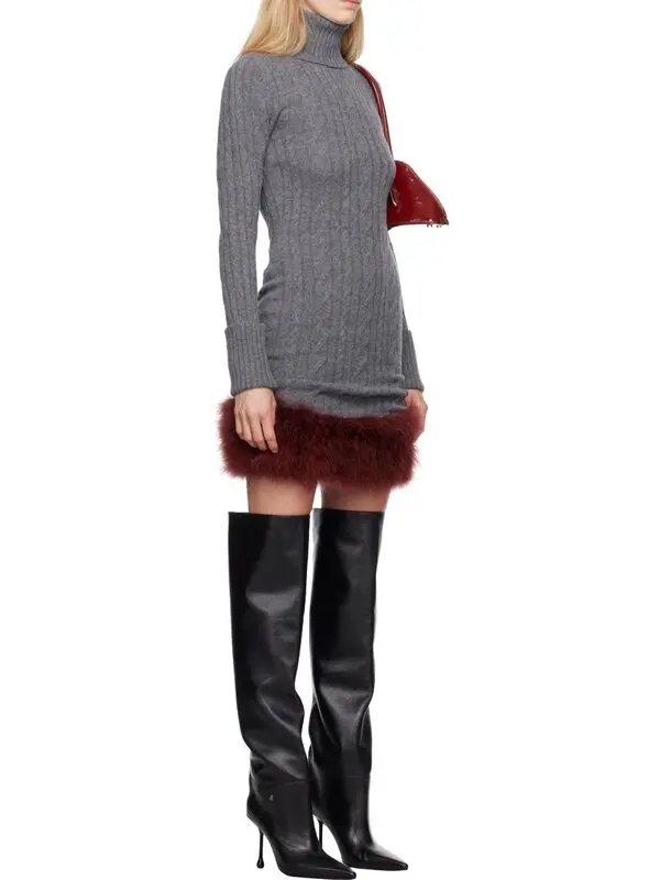Blumarine Knitted High-neck Dress With Fur Trim - Gray