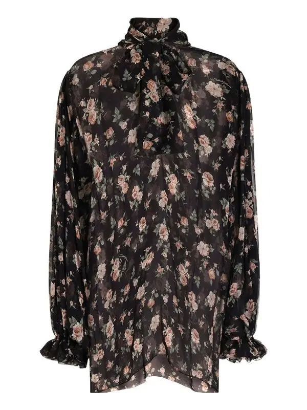 Dolce & Gabbana Floral Tie-neck Sheer Blouse - Black