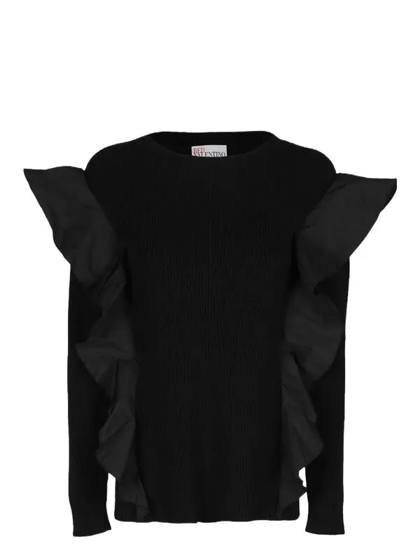 Red Valentino Long Sleeve Round Neck Sweater With Ruffle Detail - Black
