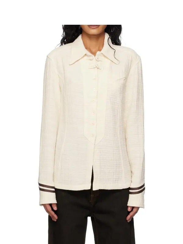 OPEN YY Seersucker Jacquard Stripe Sailor Cuff Shirt - Beige