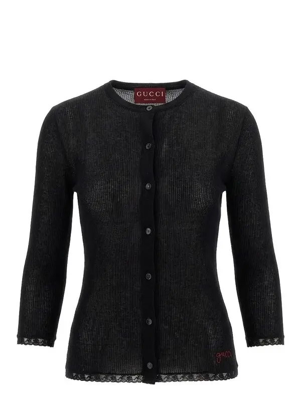 Gucci Ribbed Knit Cardigan With Lace Trim - Black