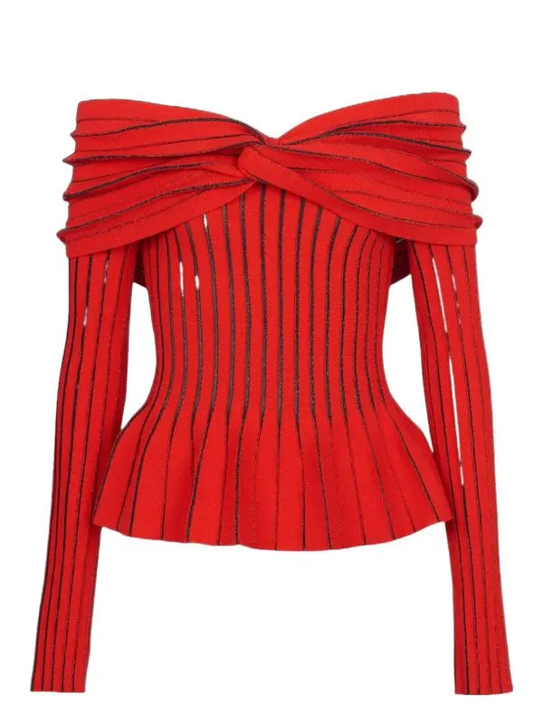 Balmain Knotted Off-the-shoulder Ribbed Top With Back Zipper - Red