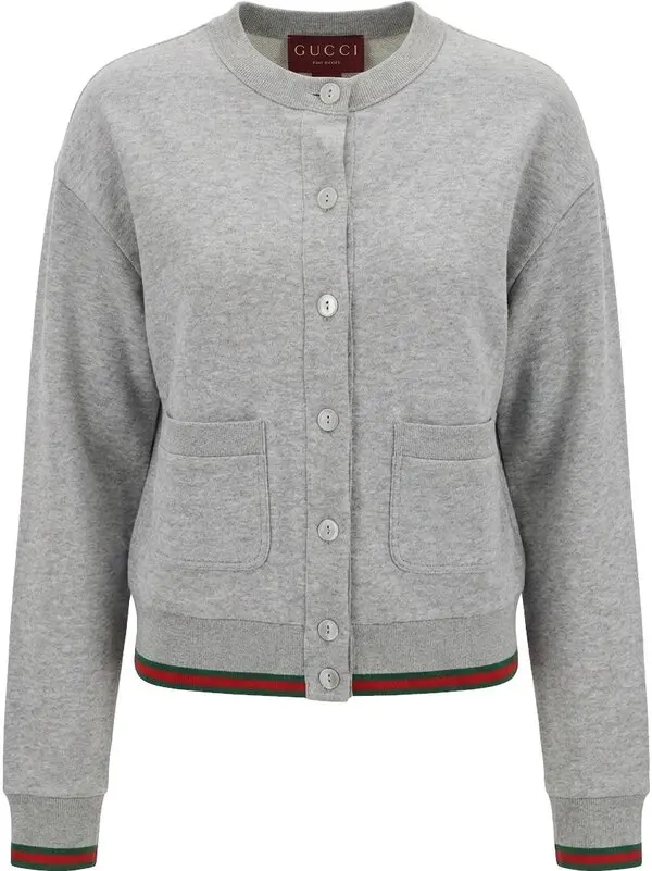 Gucci Cotton Jersey Cardigan With Web Detail - Light Gray