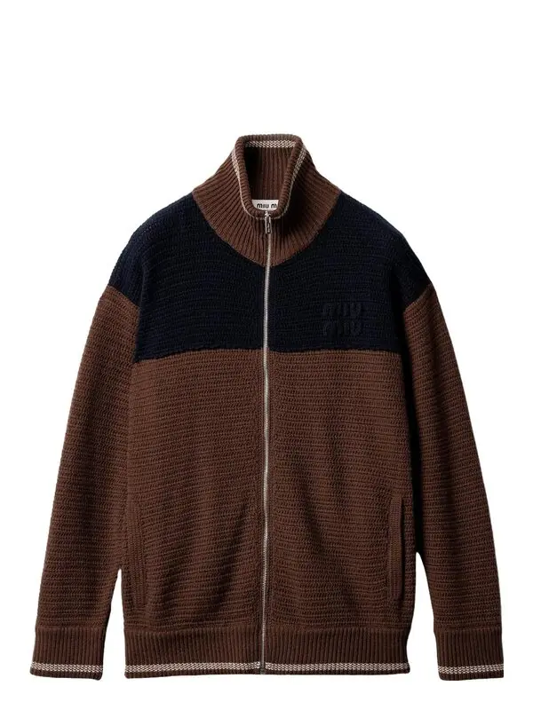 Miu Miu Two-toned High-neck Zipped Cardigan - Cocoa Brown/blue