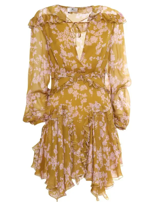 Elisabetta Franchi Ruffled Floral Print Voile Dress - Brown