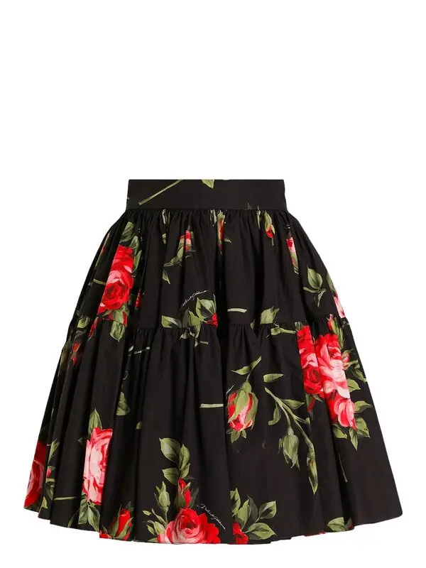 Dolce & Gabbana Rose Bouquet Printed Tiered Mini Skirt - Black