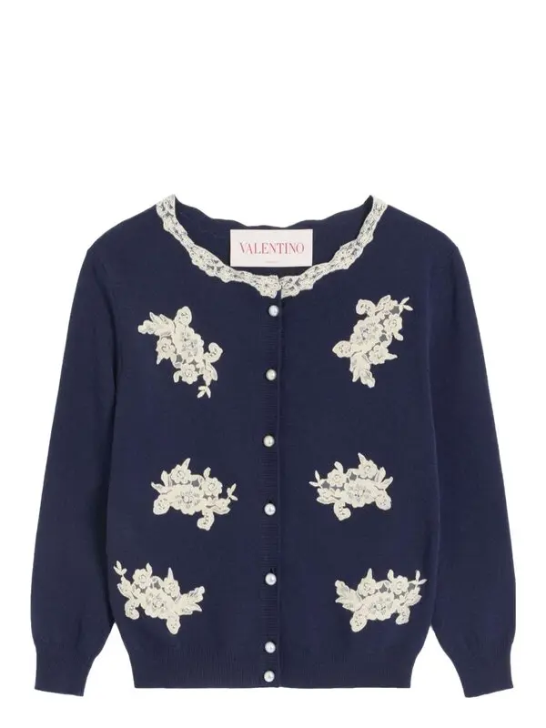 Valentino Garavani Embroidered Wool And Lace Cardigan - Dark Blue/white
