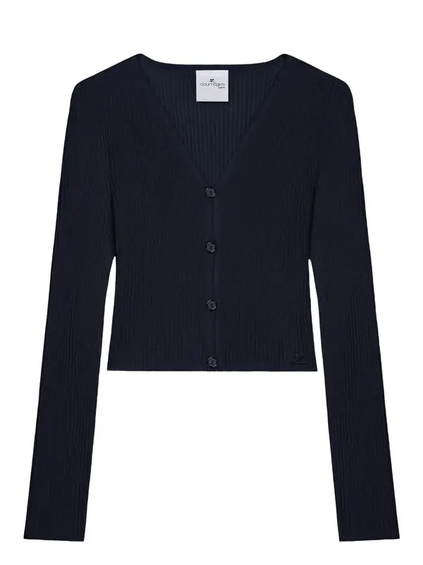 COURREGES Cropped Fine-ribbed Cardigan With Logo Detail - Navy Blue