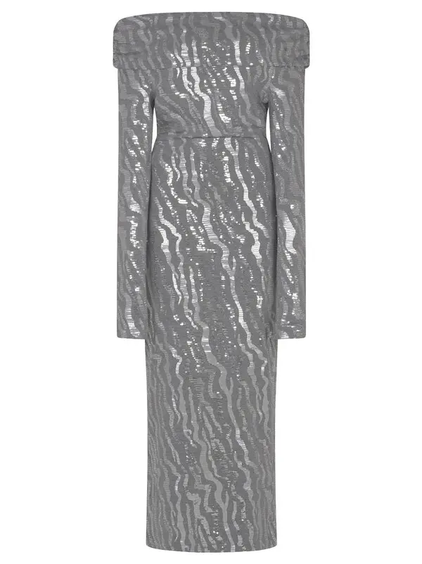 ROTATE BY BIRGER CHRISTENSEN Sequin Midi Dress With Long Sleeves And Back Slits - Gray