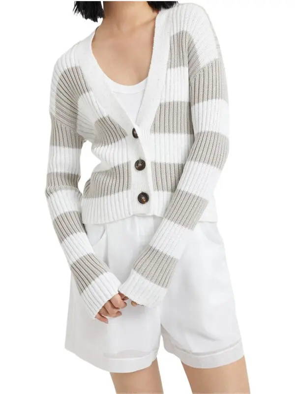 Brunello Cucinelli Striped Ribbed-knit Cardigan - Light-colored