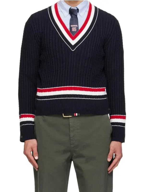 Thom Browne Rwb Intarsia-knit V-neck Jumper - Navy