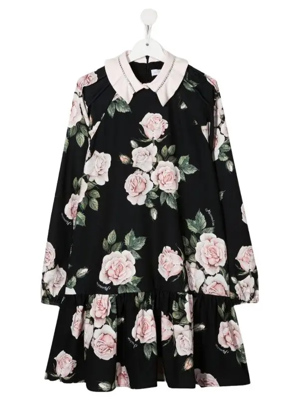 Monnalisa Rose-printed Ruffled Dress - Black