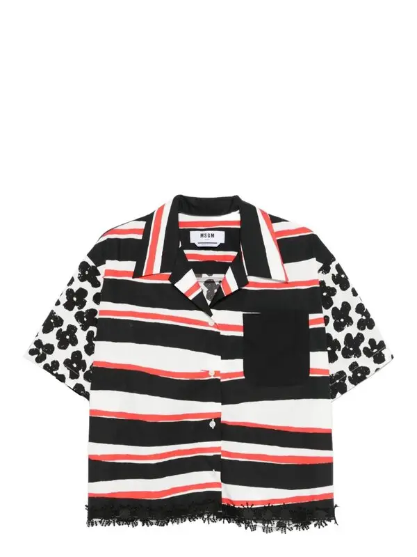 MSGM Striped Cotton Shirt With Floral Appliqu - Black
