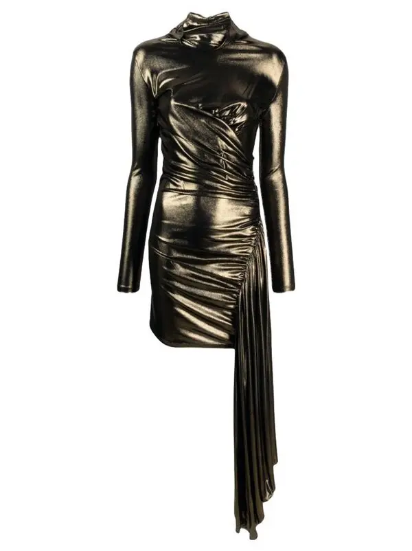 Blumarine Asymmetric Draped Metallic Long-sleeve Dress - Black