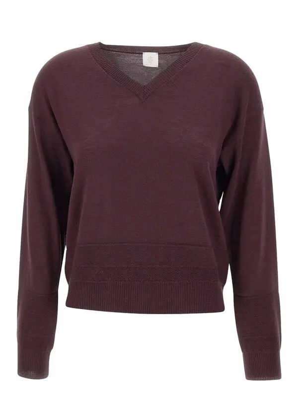Eleventy V-neck Ribbed Knit Long Sleeve Pullover - Red