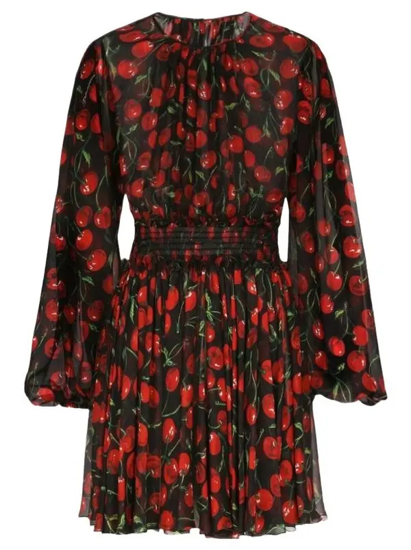 Dolce & Gabbana Cherry Printed Semi-sheer Mini Dress - Black
