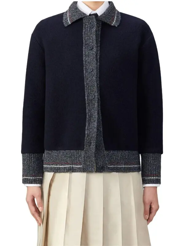 Thom Browne Speckled-trim Long-sleeved Cardigan - Navy Blue