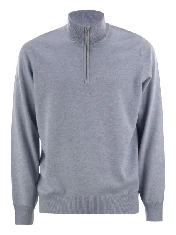 Brunello Cucinelli Funnel-neck Zip-up Knitted Polo Shirt - Gray