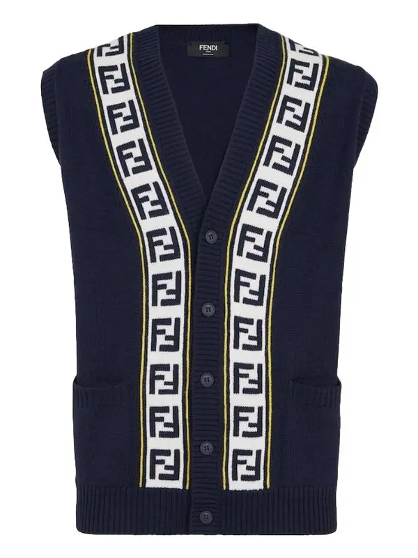 Fendi Logo Intarsia Button-up Vest - Blue