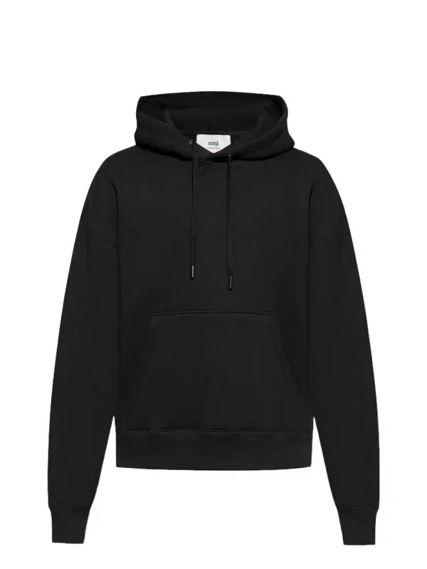 Ami Long-sleeved Drawstring Hoodie With Embroidered Logo - Black