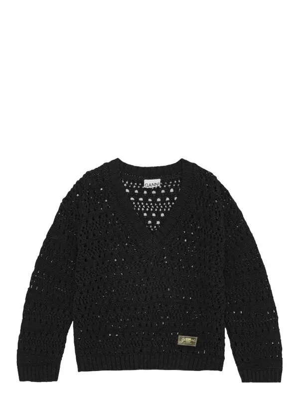 GANNI Crochet V-neck Jumper - Black