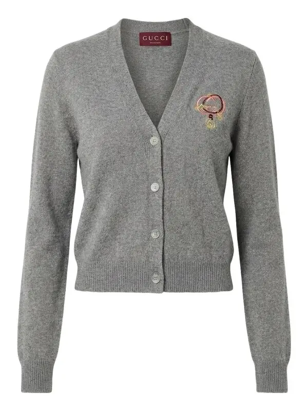 Gucci Wool Cashmere Cardigan With Embroidery - Grey