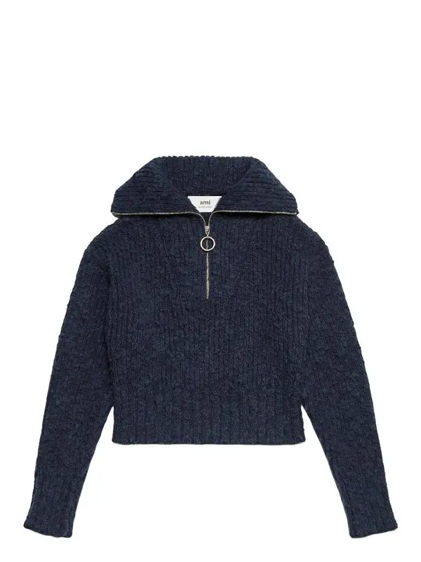 Ami Half-zip Ribbed Knit Jumper - Black