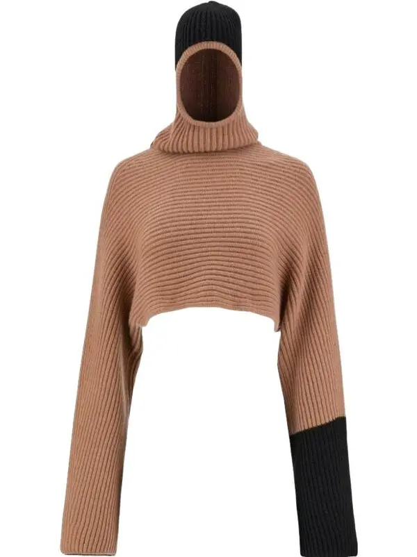FERRAGAMO Ribbed Knit Hooded Sweater - Brown