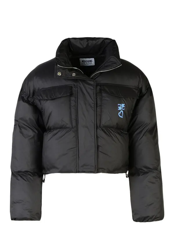 Moschino Cropped Down Jacket With High Collar And Zipper Closure - Black