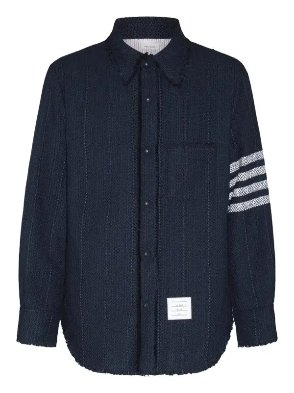 Thom Browne 4-bar Striped Frayed Hem Overshirt - Navy Blue