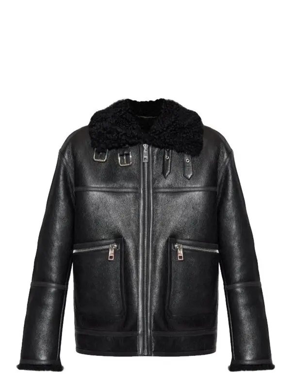 Dolce & Gabbana Shearling Collar Leather Biker Jacket - Black