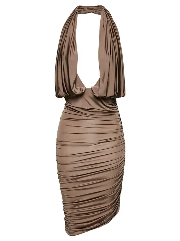 Magda Butrym Halterneck Plunge Neck Ruched Dress - Brown