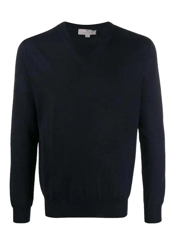 Canali Navy Blue Wool Fine Knit V-neck Jumper - Black