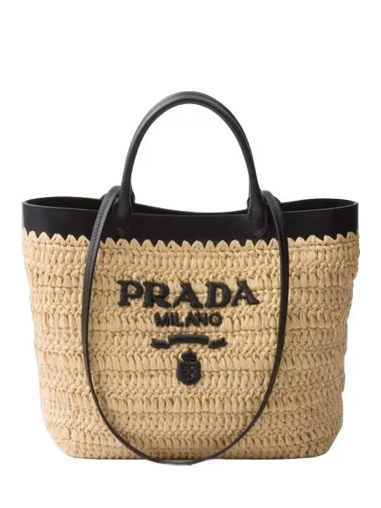 Prada Woven Tote Bag With Leather Details - Tan/black