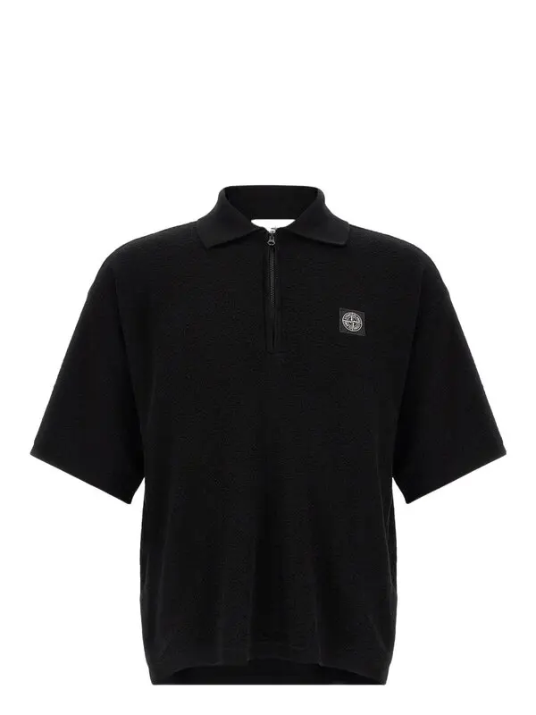 Stone Island Logo Patch Zip-up Polo Shirt - Black