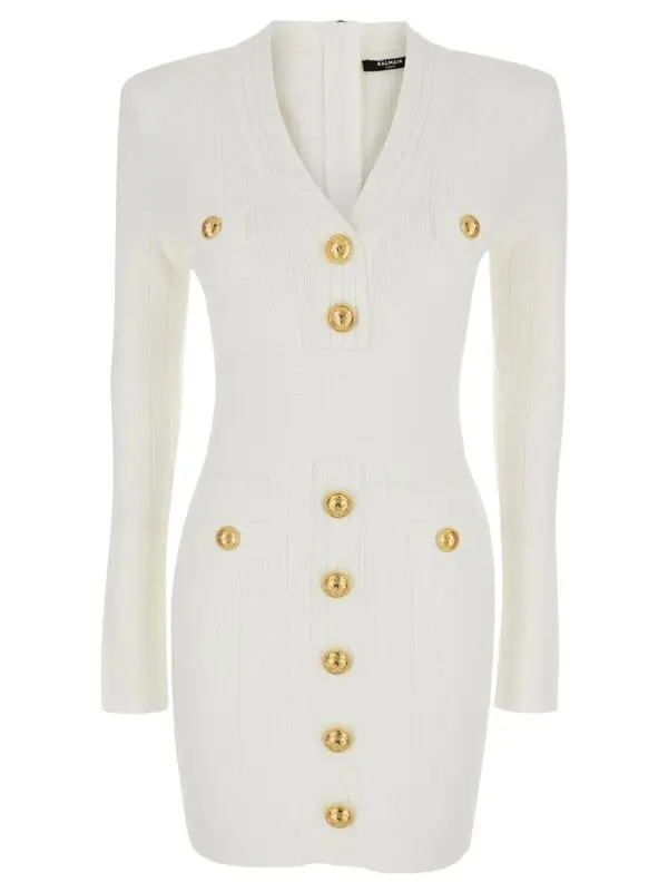 Balmain Knitted Mini Dress With Gold Button Detail - White