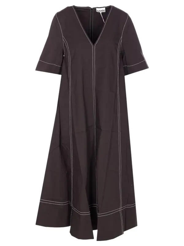 GANNI V-neck Midi Dress With Pockets - Black